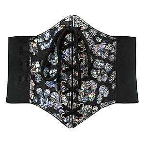 GRACE KARIN Women Lace-up Corset Belt Elastic Wide Belt Shiny Sparkly Belt for Renaissance Faire Costume(Black-Shiny,XL)