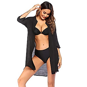 Ekouaer Bathing Suit Cover Up for Women V Neck Button Down Swimsuit Coverup Beach Dress Shirt Black