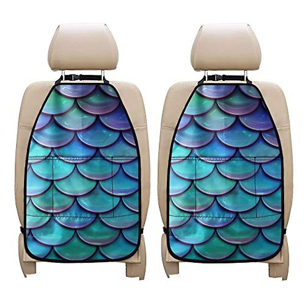 GLENLCWE Blue Mermaid Scales Car Seat Back Protectors Kick Mat + 4 Pockets Waterproof Seat Covers for The Back of Your Seat 2 Pack