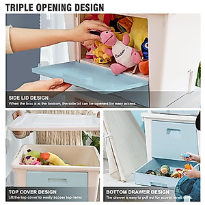 loobuu 3 Pack Plastic Toy Storage Organizer Box with Side Lids,40QT Toys Storage Chest Bin with Drawer, Large Stackable Storage Container Bin for Kids, Boys, Girls, Nursery, Playroom