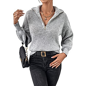 Verdusa Women's Casual Zip Up Long Sleeve Pullover Sweater V Neck Collar Knitted Top Light Grey S