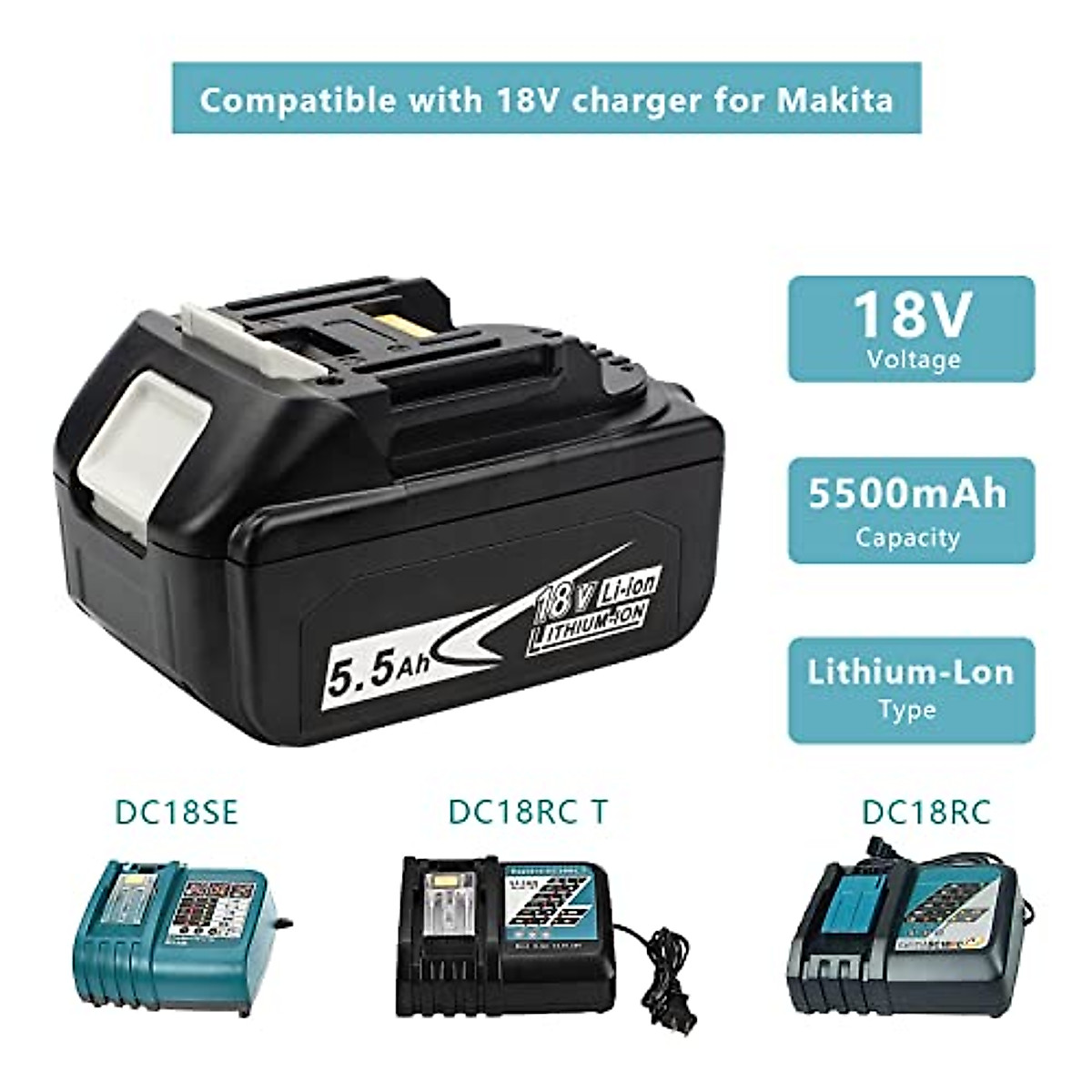 DEWQKI 2 Pack 18V 5.5Ah BL1850B Battery Replacement for Makita 18V Battery Compatible with Makita 18v Tools,Fit with Makita 18V Battery Charger