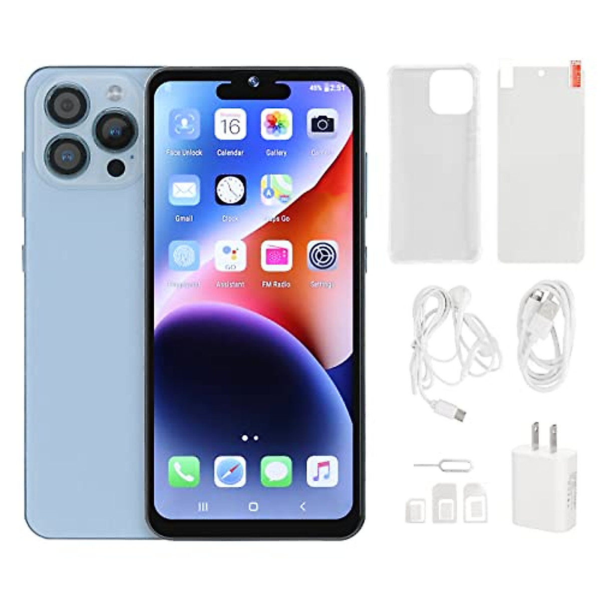 TUORE Big Screen Smartphone, Rear Front Camera 2.0GHz 2 Card 2 Standby Amazing Clarity 3G Smartphone 3500mAh Battery Fast Positioning 100-240V for Daily Use (Blue)