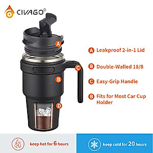 CIVAGO 20 oz Tumbler Mug with Lid and Straw, Insulated Travel Coffee Mug with Handle, Double Wall Stainless Steel Vacuum Coffee Tumbler, Thermal Coffee Cup, Flip lid, Blush
