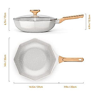 ITSMILLERS Ceramic Nonstick Octagonal Wok 12.5 inch Die-cast Induction Woks and Stir Fry Pans with Glass Lid PFOA Free (Cream White)