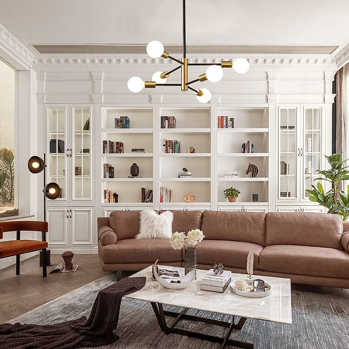 KAISITE Modern Sputnik Chandelier - 6 Light Chandelier Light Fixture Height Adjustable Mid Century Ceiling Chandelier Plating Finished Black and Gold Chandelier for Kitchen Bedroom and Foyer