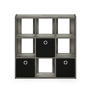 Furinno 13207GY/BK Simplistic 9-Cube Organizer with Bins, French Oak Grey/Black