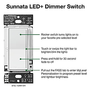Lutron Sunnata Touch Dimmer Switch with Wallplate with LED+ Advanced Technology, for LED and Incandescent, 3 Way/Multi Location, STCL-153MW-WH, White