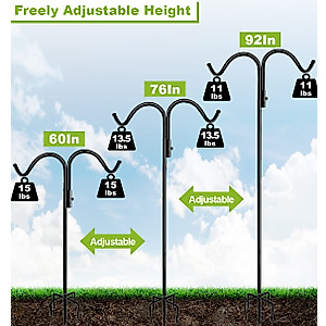 Tuohours 92 Inch Double Shepherd Hook Stand for Outdoor Birdfeeder, Adjustable Two Sided Garden Bird Feeder Pole Holder for Birdhouse Planter Solar Light Lantern, Black, 1 Pack