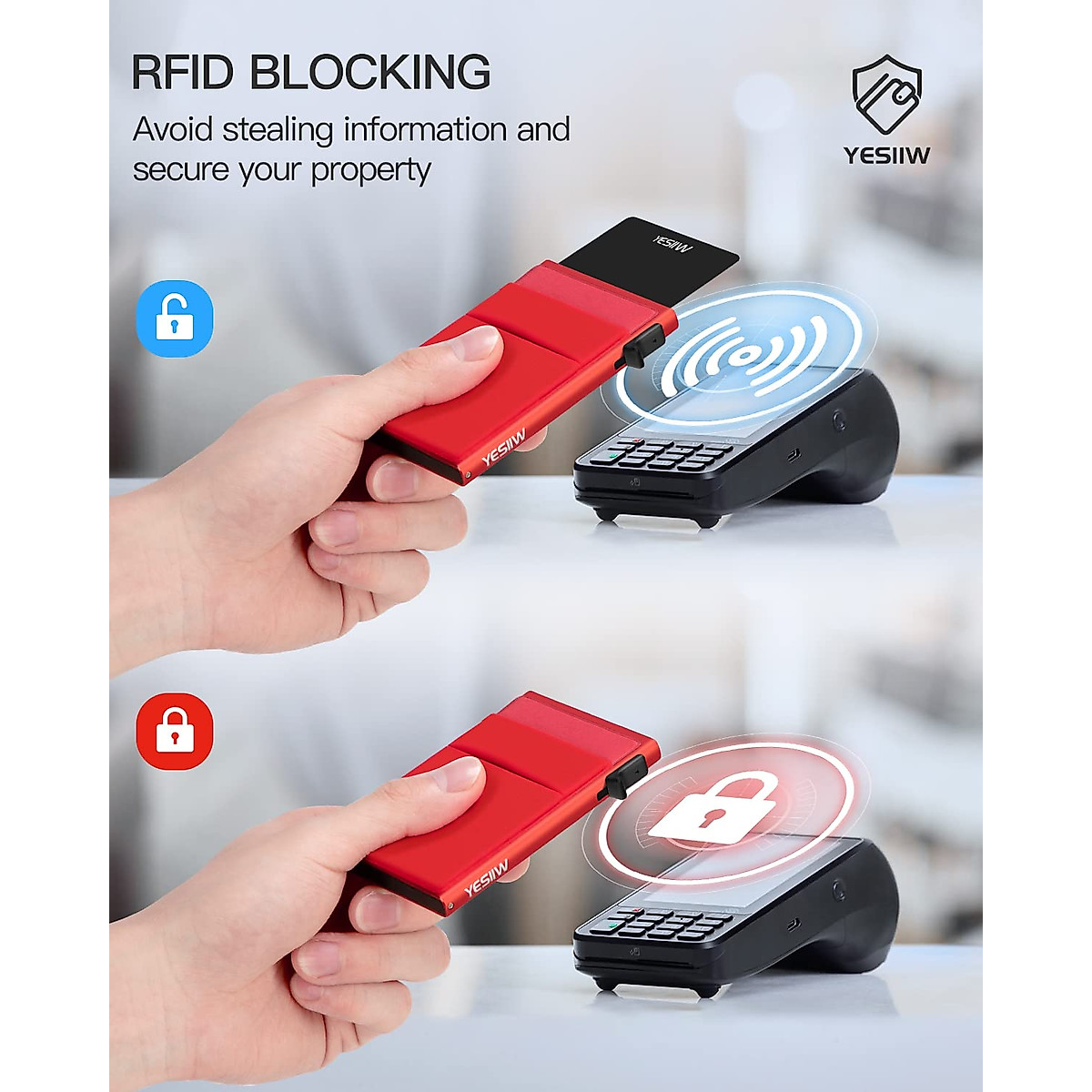 YESIIW Pop up Slim Card Holder RFID Blocking with Money Pocket Minimalist Card Wallet for Women and Men Aluminum Metal Credit Card Case for Cards and Notes and Coins Red