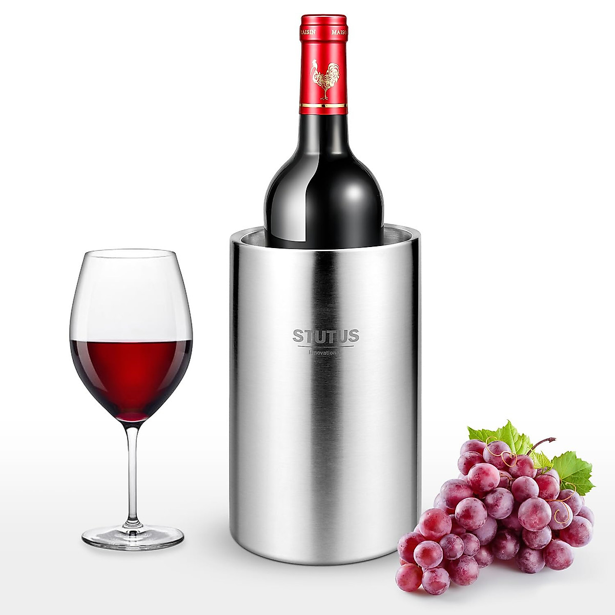 Wine Chiller Bucket, STUTUS Stainless Steel Double Wall White Wine Bottle Cooler Bucket, Insulated Champagne Beer Ice Bucket