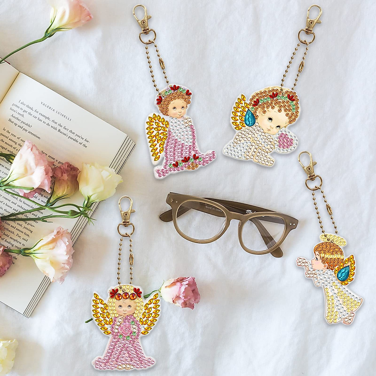 LUSandy 4pcs DIY 5D Angel Diamond Painting Keychain Kits Full Drill Special Shape Crystal Angel Diamond Art Key Chain Key Ring Set for Backpack Shoulder Bag Accessories Adults