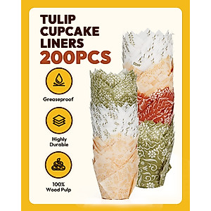 Katbite Tulip Cupcake Liners 200PCS, Muffin Baking Cupcake Liners Holders with French Style Leaves Design, Baking Cups, Cupcake Wrapper for Party, Wedding, Birthday, Christmas Cupcake Liners