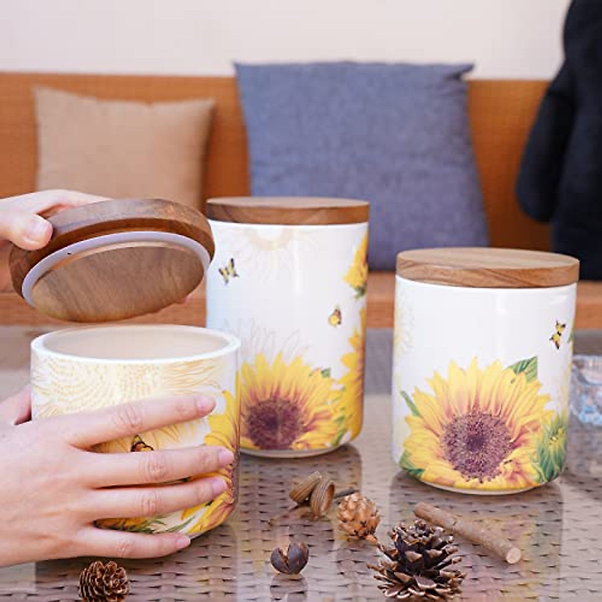 Sunddo Sunflower Ceramic Canister Sets for Kitchen Counter,Tea Coffee Sugar Canister Set with Bamboo Lid Set of 3
