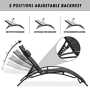 Ainfox Outdoor Chaise Lounge Chairs, Patio Adjustable Lounge Chairs Set of 2, Beach Pool Sunbathing Lawn Lounger Recliner Chair with Armrest and Removable Cushions(Black)