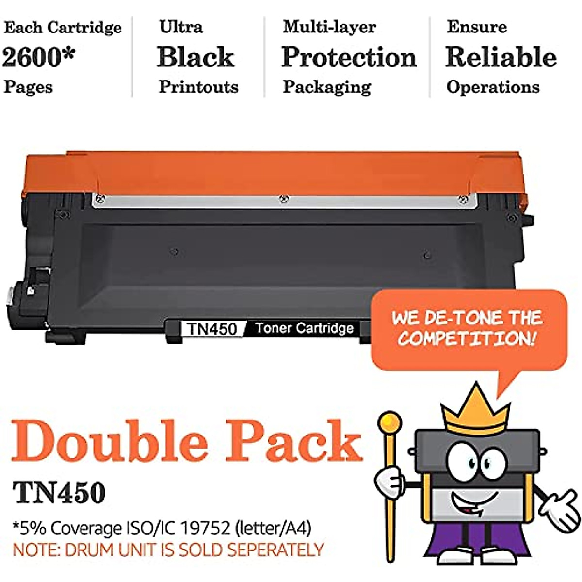 TONERNEEDS Laser Toner Cartridges — Compatible with Brother TN450 — for Brother Printers HL2270DW, HL2280DW, HL2230, HL2240, MFC7360N, MFC7860DW, DCP7065DN and IntelliFax 2840 (Black, 2-Pack)