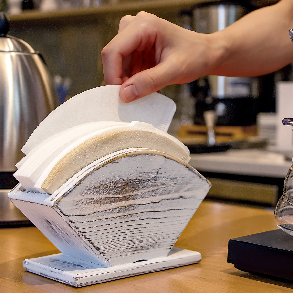 ANBOXIT Coffee Filter Holder, Farmhouse White Pine Wood Coffee Filter Holder Storage Container for Hario V60, Melitta Cone Filters