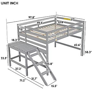 HZHOME Full Loft Bed with Platform and Ladder, Wood Low Loft Bed for Kids, Junior Loft Bed Full Size with Spacious Underneath Space for Children Girls Boys Bedroom,No Box Spring Needed, Grey