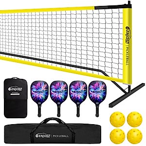 ENJOIN Pickleball Net Portable Outdoor - 22FT Regulation Size Set Driveway Pickleball Set with Net, Pickleball Nets and Accessories Included 4 Premium Wood Pickleball Paddles, 4 Outdoor Pickleballs
