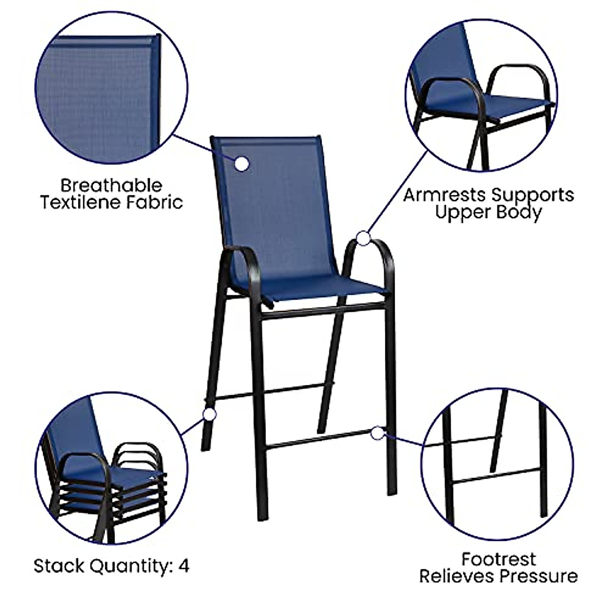 Flash Furniture Brazos Bar Table Set - 5 Piece Glass Brazos Bar Table with 4 Navy Patio Bar Stools - Brazos Outdoor Chairs
