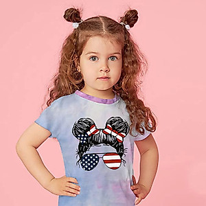 4th of July American Flag Baby Girls Shirt Messy Bun T-Shirt Patriotic Tee Tops O-Neck Short Sleeve USA Clothes