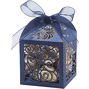 KPOSIYA 70 Pack Wedding Favor Boxes Laser Cut Boxes Party Favor Box Small Gift Boxes Lace Candy Boxes for Wedding Bridal Shower Baby Shower Birthday Party Anniverary with Ribbons (Navy, 70)