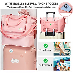 Foldable Travel Duffel Bag for Women, Water Resistant Personal Item/Carry Bag, Expandable Overnight Weekender Bag with Wet Compartment & Luggage Sleeve, Lighetweight Sport Tote Gym Bag (Pink)