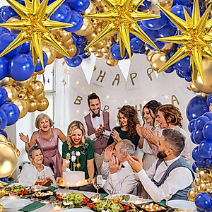 176 Pack Royal Blue Gold Balloons Garland Arch Kit with 3pcs 27 Inch Big Foil Starburst Balloons,Blue and Gold Confetti Balloons for Birthday Graduation New Year Decoration