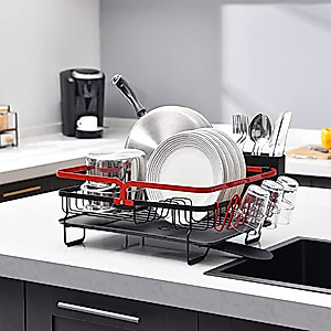 TOOLF Dish Drying Rack, 360° Swivel Spout Design Dish Rack with Drain Board for Kitchen Counter, Rust-Proof Dish Rack with Utensil Holder and Cup Holder for Tableware