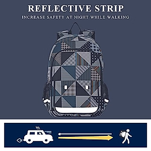 ODAWA Patchwork Geometric Pattern Kids School Backpack with Reflective Strips Laptop Bookbag for Women Travel Daypack
