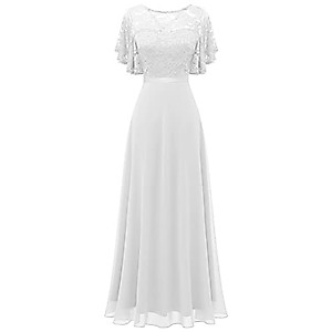 DRESSTELLS Long White Formal Dress Bridesmaid Homecoming Prom Party Dresses A-line Chiffon Wedding Dresses for Women V-Back Mother of The Bride Dress White L