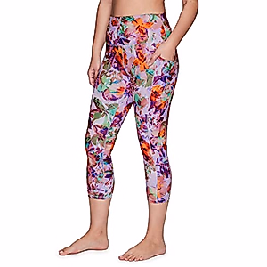 RBX Capri Legging for Women Running Capri with Pockets Printed Cropped Workout Legging High Waist Floral Yoga Tights Squat Proof Floral Legging Ultra Hold Buttery Soft Capris Tropical Dream M