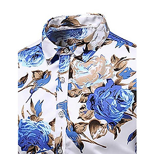 Men's Slim fit Printed Long-Sleeve Button-Down Dress Floral Shirt (Large Chest: 45.7 inch, White Blue)