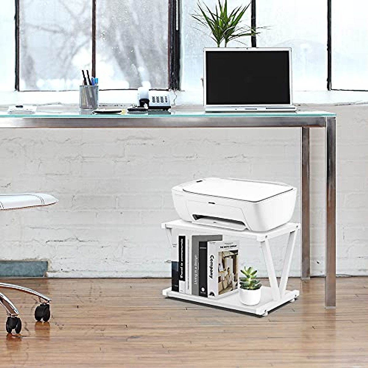 VEDECASA Retro Desktop Printer Stand 2 Double Tiers Wood Printer Shelf Modern White Wood Storage Book Shelf Organizor for Home Office Stylish Sturdy V Shaped (White)