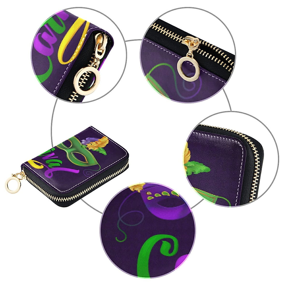 Mardi Gras Carnival Calligraphy Face Mask Purple Green on BlackGrey Credit Card Coin wallet, RFID Blocking Compact Women Leather Card Holder, Key Change Organizer, Zipper Purse Clutch Pouch
