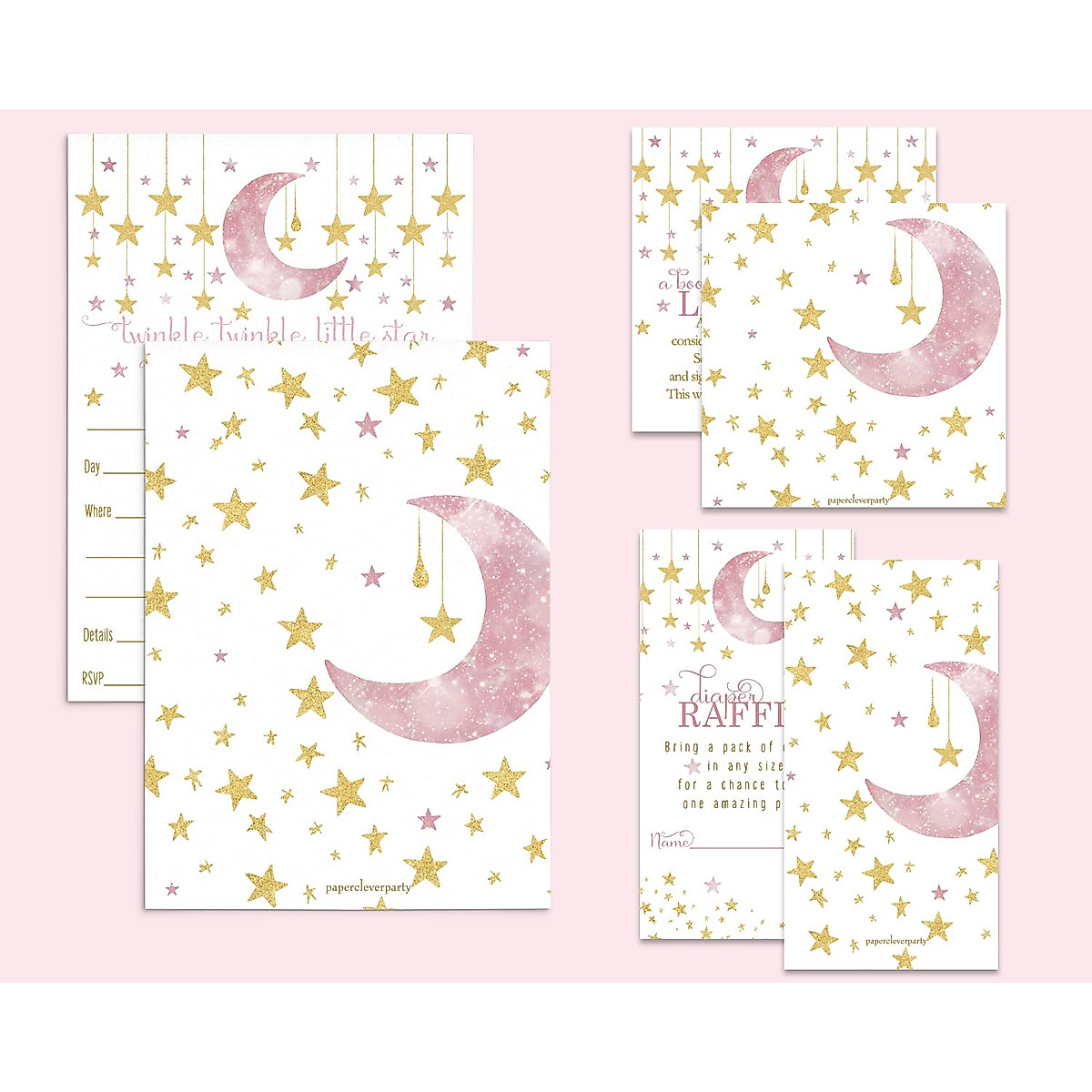 Twinkle Little Star Baby Shower Invitation Bundle Set Includes Blank Girls Invites with Envelopes Diaper Raffle Tickets Bring a Book Insert Cards (25 of Each) Celestial Themed Party Supplies