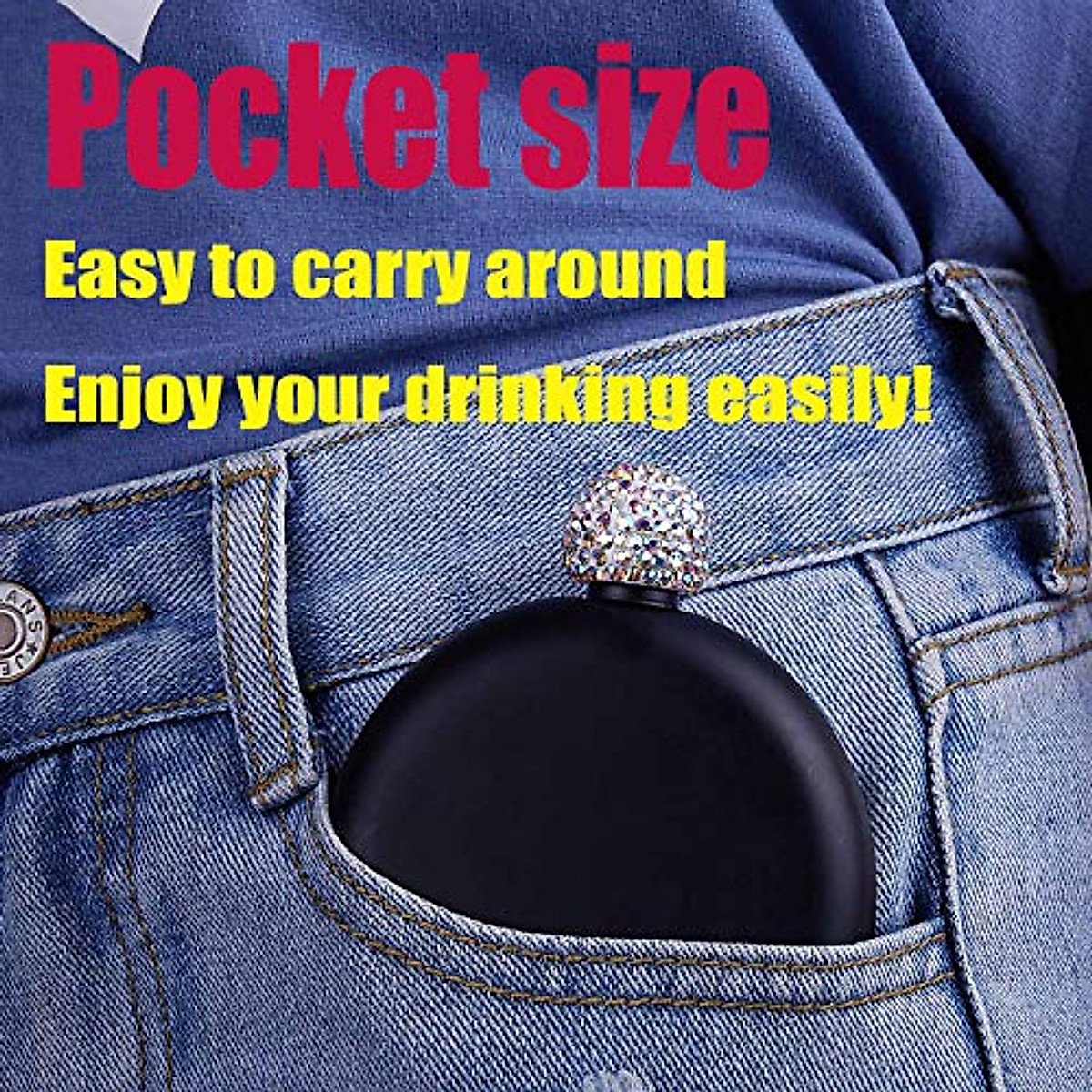 Hillside-Kit Booze Shot Flask- AB Crystal Lid Creative 304 Stainless Steel Wine Alcohol Liquor Flask for Women Girls Men Party Hand size Flask-5OZ