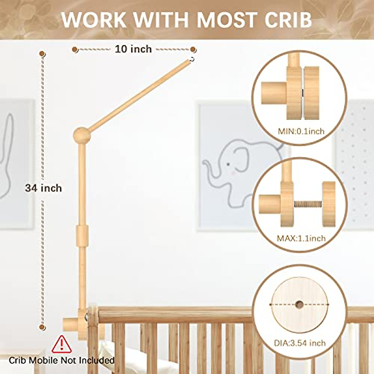 FEISIKE Baby Crib Mobile Arm, Mobile Arm for Crib Baby Mobile Hanger for Crib Nursery Decor Girls Boys Baby Crib Mobile Holder Arm Hanging Wooden Decoration Attachment Newborn 34 inch
