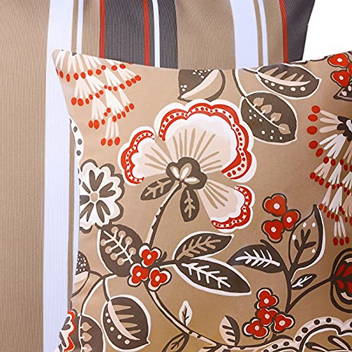 Phantoscope Pack of 2 Outdoor Indoor Throw Decorative Pillow Cover Decorative Waterproof Striped Floral Patio Pillows Cushion Case for Couch Tent Park, Light Coffee 18 x 18 Inches