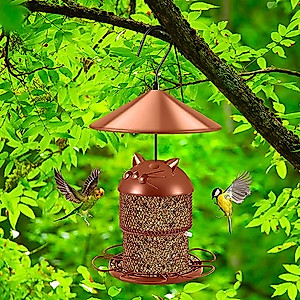 CEED4U Bird Feeder for Outdoors 4LB Seeds Retractable Large Wild Bird Feeders with Hook and Cover Metal Hanging Bird Feeders Garden Yard for Outside Cute Cat Shaped Brown