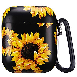 Qokey Compatible with Airpods Case,Flower Floral Pattern Cute Case for Women Girls Soft Silicone Wireless Charging Case Chrome Keychain Portable & Shockproof Accessories Kit for AirPods 1/2 Sunflowers
