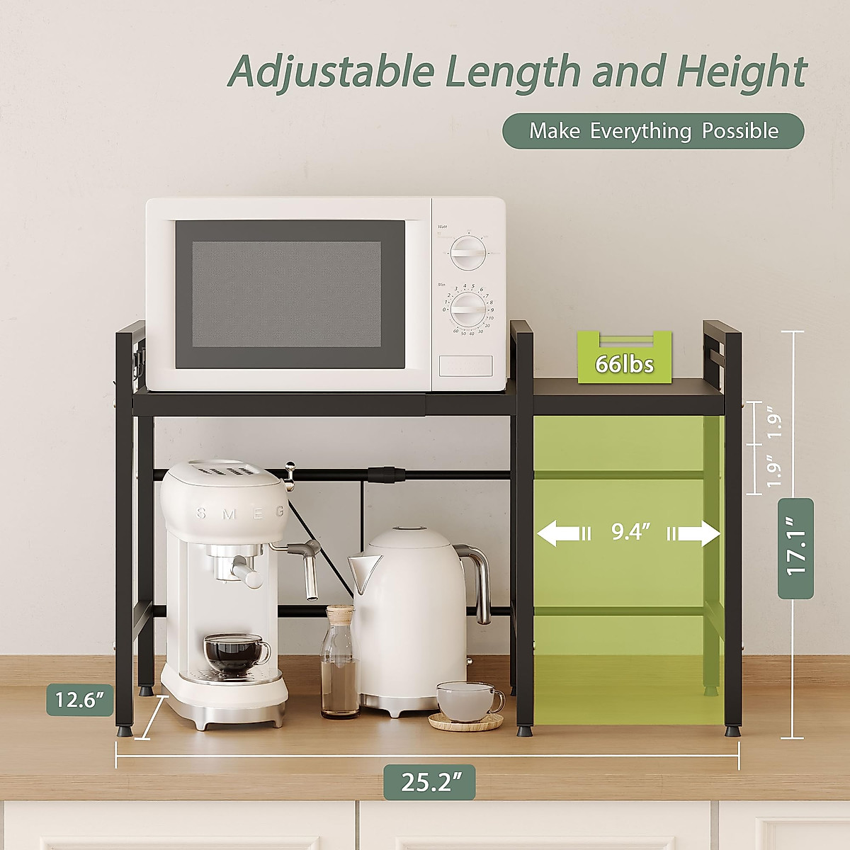 NETEL Expandable Microwave Stand,2 Tier Metal Kitchen Countertop Organizer Shelves with 8 Hooks,Bakers Rack,Microwave Shelf,Microwave Oven Rack,55lbs Weight Capacity