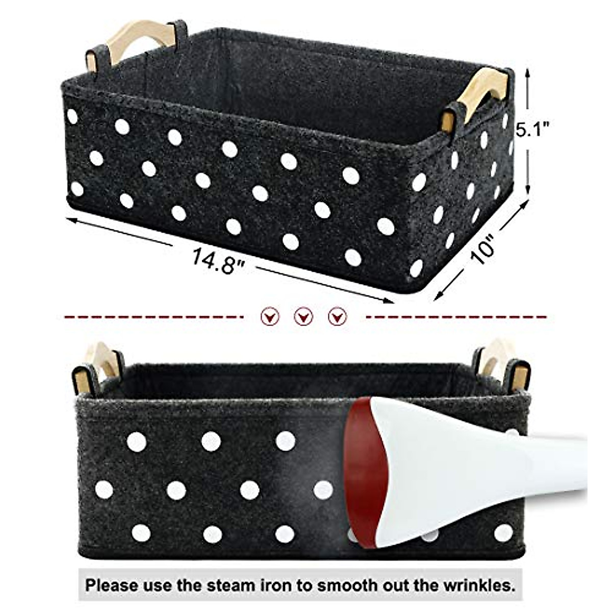 Oubra Small Storage Bins Felt Narrow Basket Collapsible Modern Baskets with Wooden Handles Gray Storage Baskets for Shelves Closet Decorative Bin