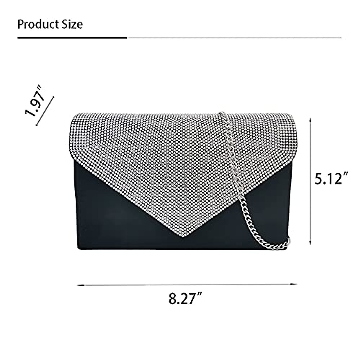 JUBOO PARADISE Black Evening Purses for Women Wedding Prom Party, Silver Rhinestone Faux Suede Crossbody Shoulder Formal Bride Envelop Evening Clutch Bag Handbag