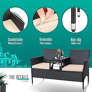 GUNJI Outdoor Patio Loveseat Wicker Rattan Conversation Furniture Set Modern Porch Chair with Built-in Coffee Table Patio Bistro Set for Balcony, Lawn, Deck, Garden (Beige)