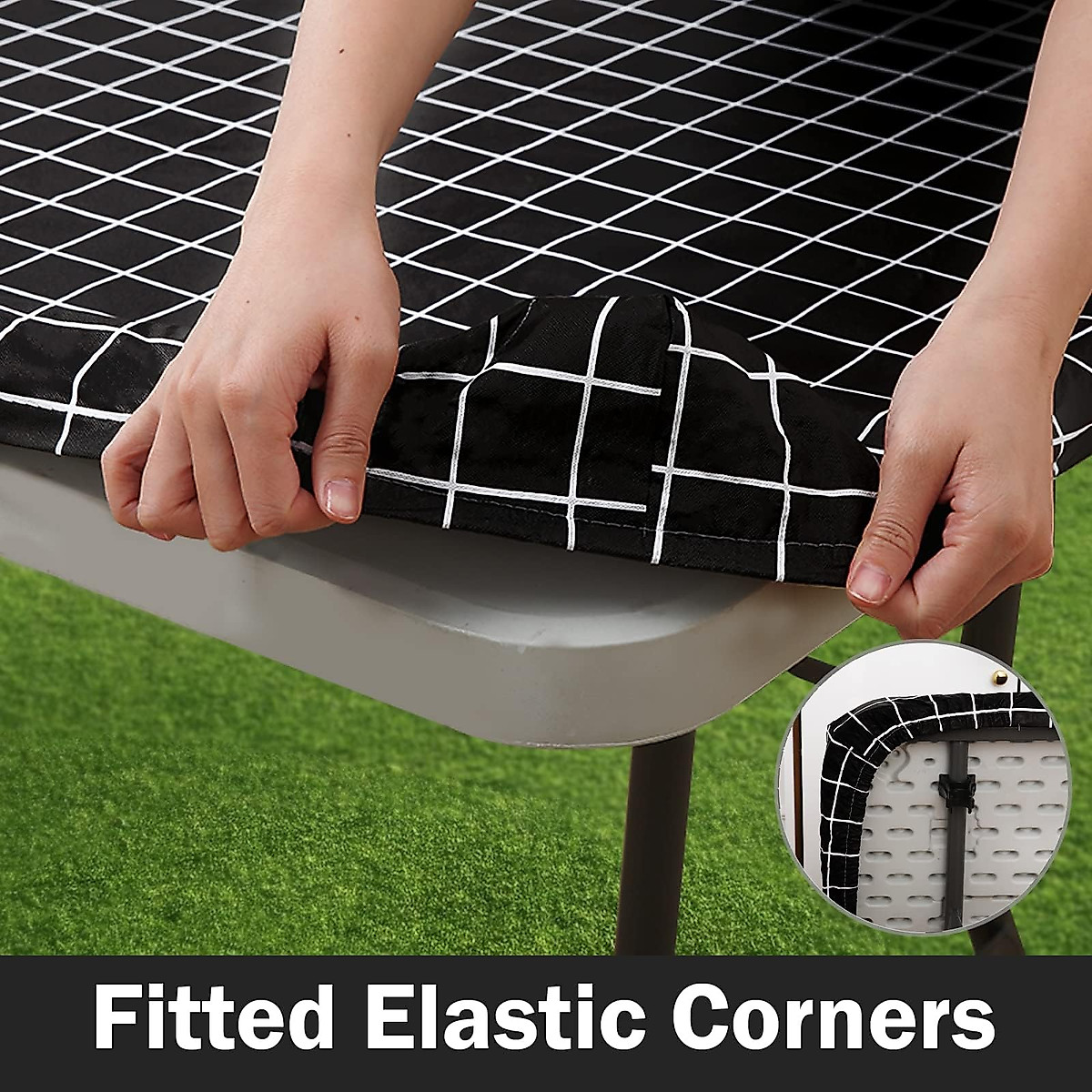Spotjoy Rectangle Vinyl Table Cloth, Elastic Fitted Flannel Backed Plastic Table Covers for 6 Foot Folding Tables, Waterproof for Picnic, Camping, Indoor and Outdoor (Black, 30 x 72 inch)