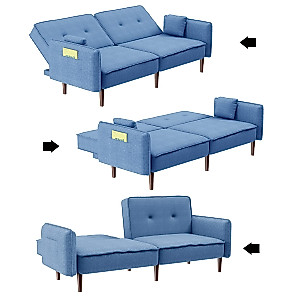 WILLIAMSPACE 75" Futon Sofa Bed, Convertible Sleeper Sofa with Magazine Bag, Small Splitback Sofa with Tapered Solid Wood Leg, Padded Seat and Back, Loveseat Couch for Living Room, Blue Fabric