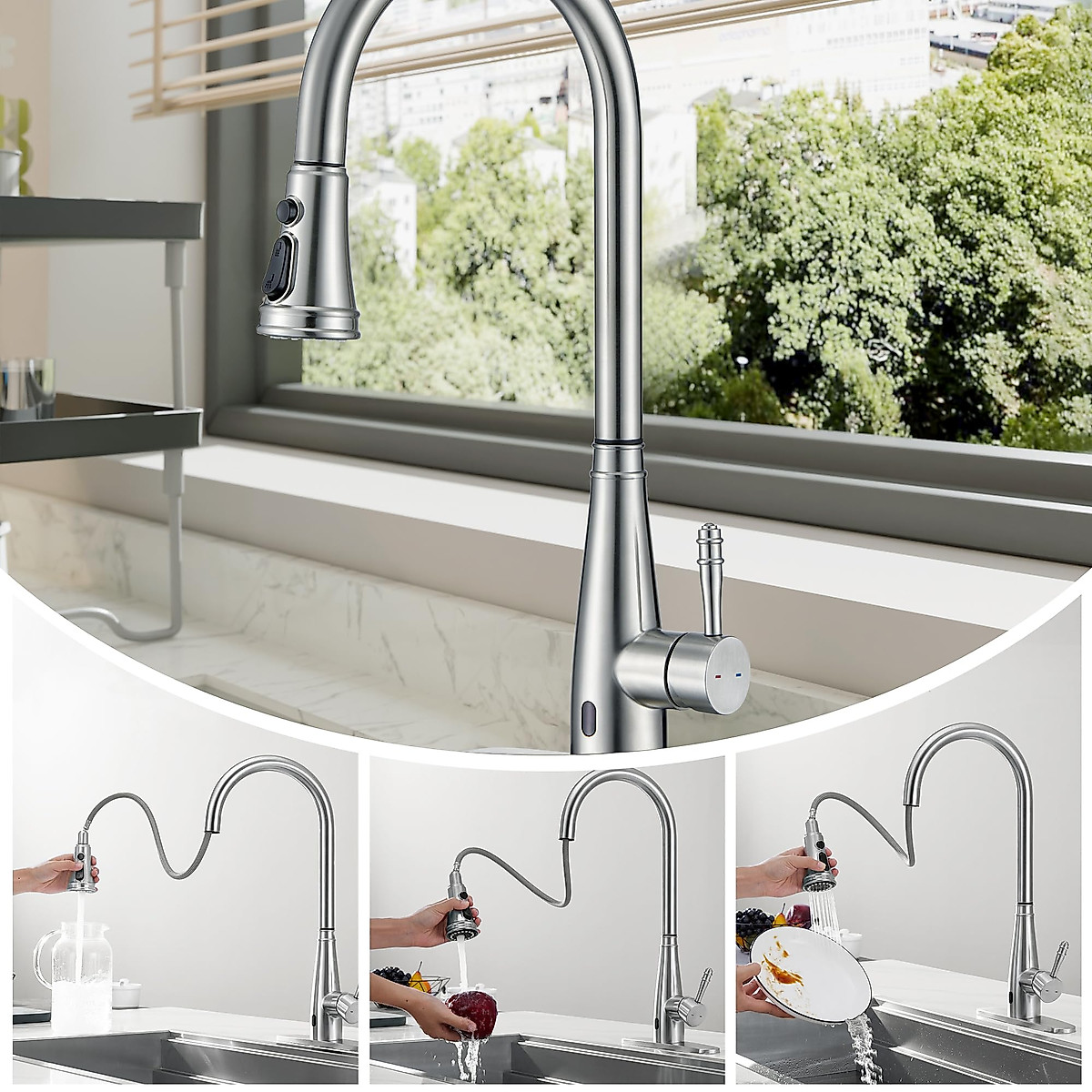 KPAIDA Touchless Kitchen Faucet with Pull Down Sprayer, Brushed Nickel Kitchen Sink Faucet with Deck Plate, Infrared Motion Sensor Smart Stainless Steel Single Handle High Arc Faucet for Kitchen Sink