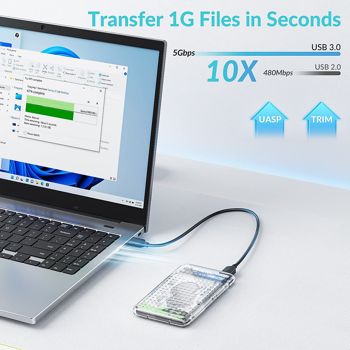 PHIXERO 2.5" Hard Drive Enclosure, 5Gbps USB 3.0 to SATA III Tool-Free External Hard Drive Enclosure for 2.5 inch 7mm/9.5mm SATA HDD & SSD [UASP Supported] Transparent