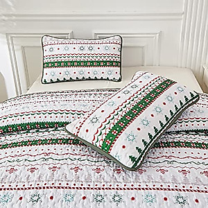 Christmas Quilt Set Queen, 3 Pieces Christmas Bedding Coverlet Queen Size, Green Bedspread with Xmas Tree Pattern New Year Bedroom Decoration for Family Friends